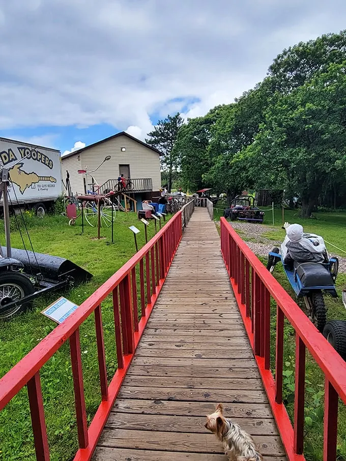 The red boardwalk leads visitors through a wonderland of Yooper ingenuity – part museum, part junkyard, all character.