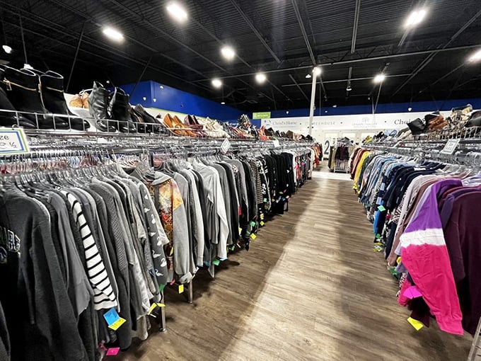 Not your grandmother's clothing racks—meticulously organized apparel stretches as far as the eye can see, each item waiting for its second act.