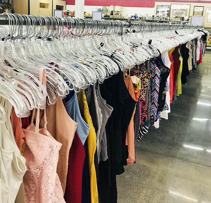 A rainbow of garments awaits new owners, each hanger holding not just clothes but potential stories, adventures, and second chances.