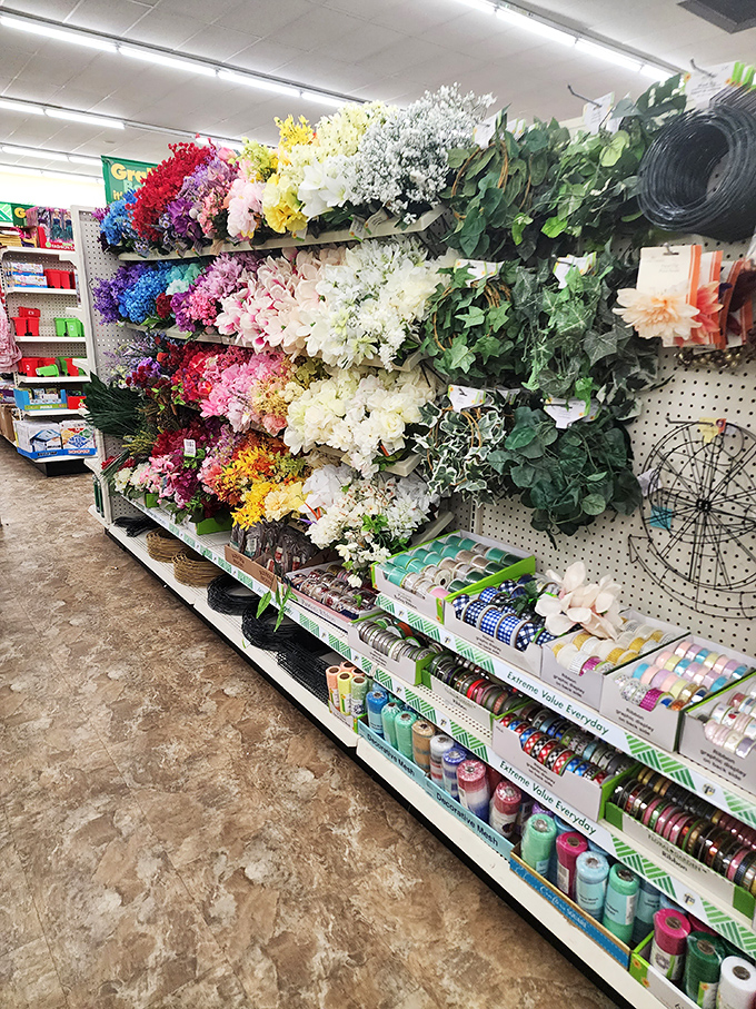 A rainbow explosion of artificial blooms that would make any budget florist weep with joy. Perpetual spring, no watering required!