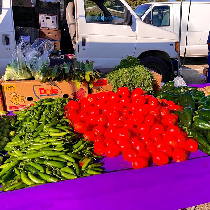 Nature's jewelry box—tomatoes so red they'd make a stoplight jealous, alongside snap peas that actually snap with freshness.
