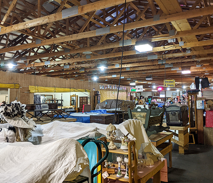 Beneath exposed wooden beams, furniture from every era creates a timeline of American domestic life you can actually take home.