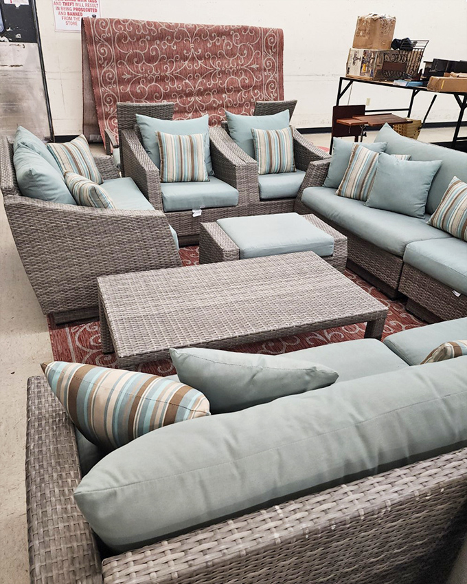 Not just furniture—an entire living room waiting to happen. This seafoam patio set costs less than what most people spend on a weekend brunch.