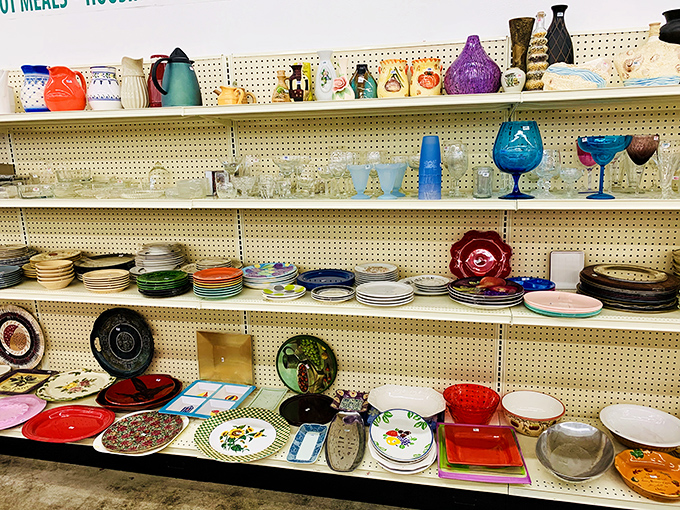 These shelves tell stories of dinner parties past—that blue goblet might have toasted Nixon's resignation or celebrated disco's arrival.