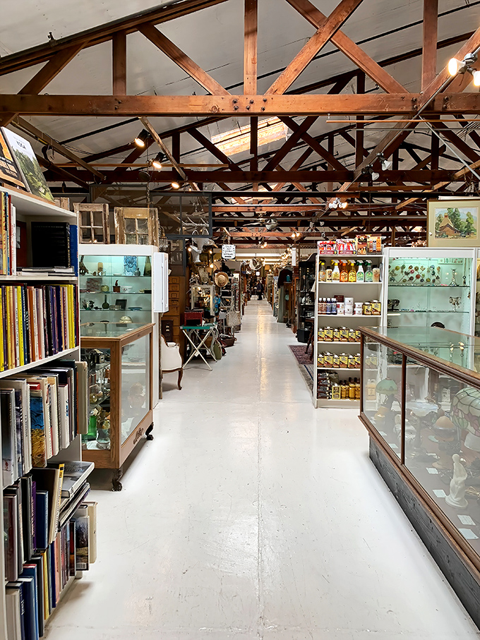 Exposed beams create cathedral-like grandeur for your treasure hunting adventure in polished concrete aisles.