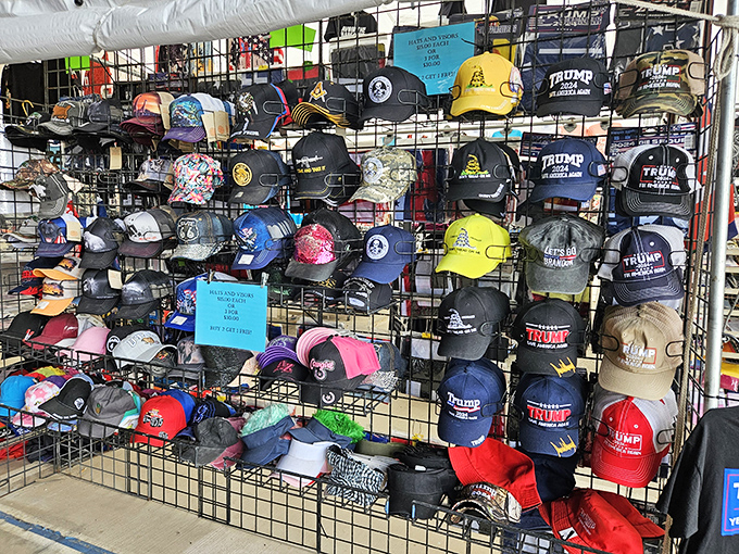 Hat heaven! From political statements to desert protection, headwear options span every opinion and practical need imaginable.