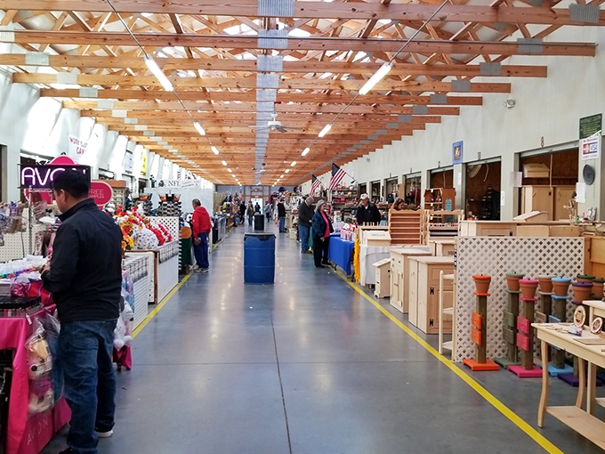 Wide aisles, exposed wooden beams, and endless possibilities—the indoor section offers climate-controlled treasure hunting no matter what Mother Nature has planned outside.