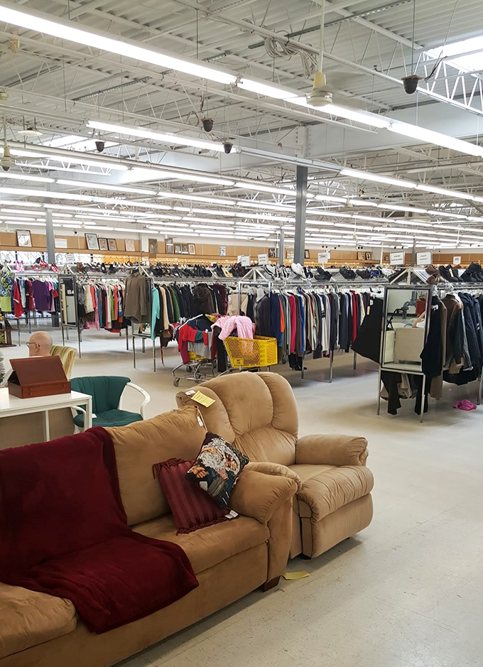 A sea of possibilities stretches before you—racks of clothing and comfy couches waiting for their second chance at making a home cozy.