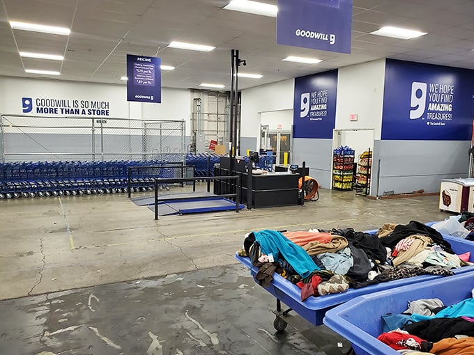 The starting line for bargain marathons. Those blue bins contain everything from designer castoffs to vintage gems waiting to be unearthed.