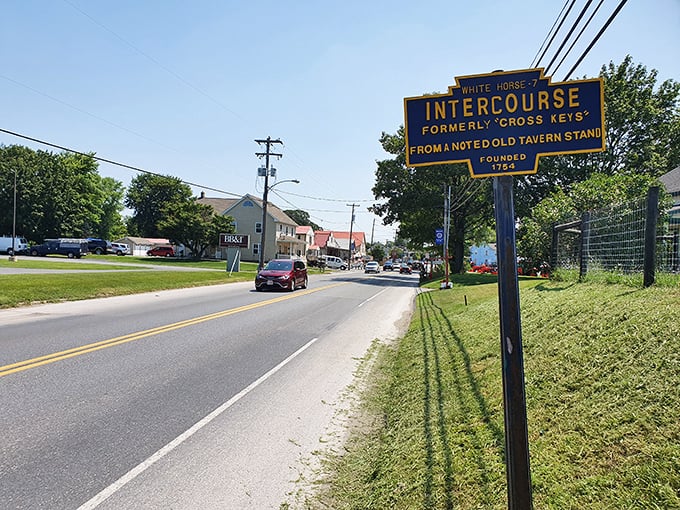 The iconic blue sign welcomes you to Intercourse, Pennsylvania – formerly "Cross Keys," named in 1814, and yes, everyone makes the same joke.