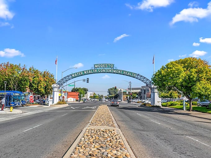 Another view of the famous Modesto arch spanning the roadway. Those cobblestones in the median aren't just decorative—they're a reminder that some things improve with age.