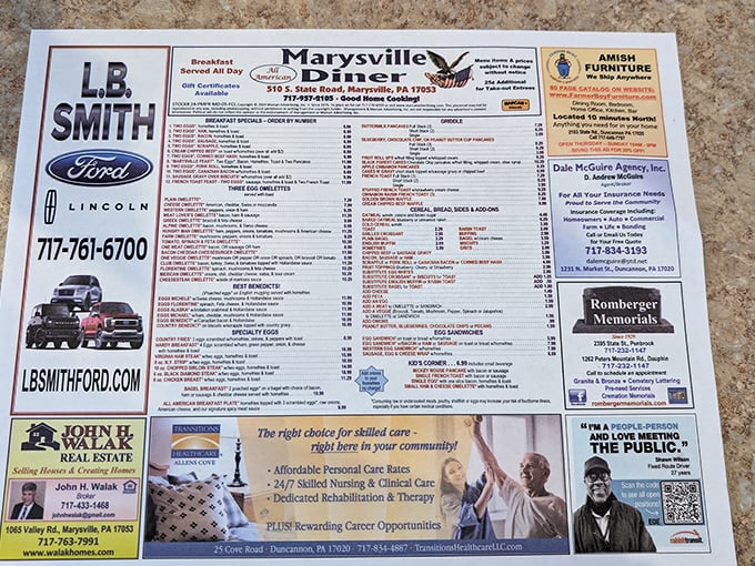 This menu isn't just a list of food—it's a roadmap to happiness with local businesses framing the edges.
