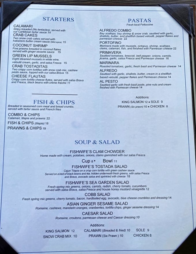 A menu that reads like poetry to seafood lovers. The "no tentacles" note on the calamari is either a disappointment or relief, depending on your squid stance.