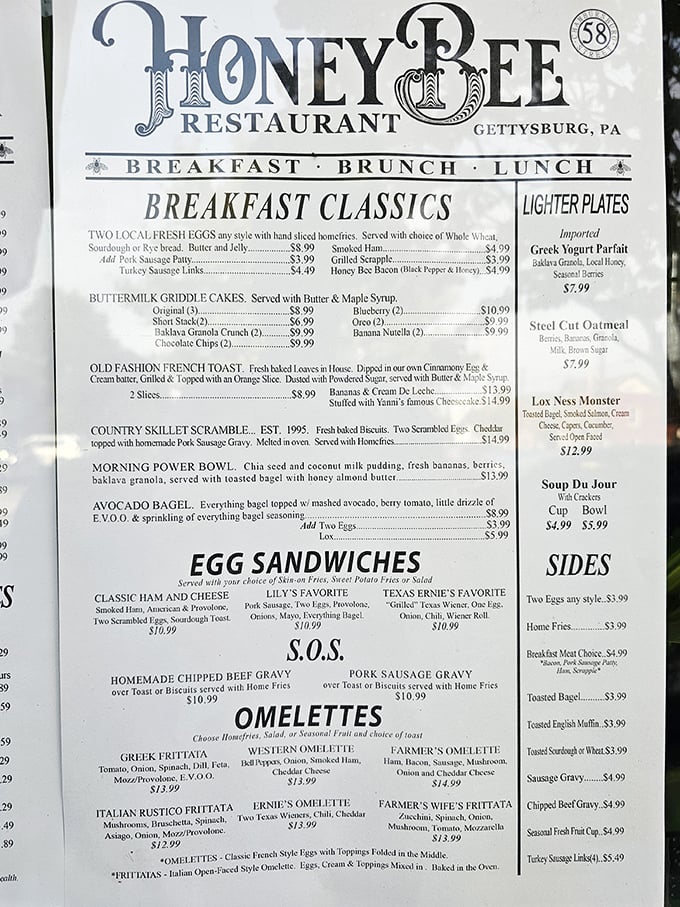 A menu that reads like a love letter to American classics—where breakfast reigns supreme and every "S.O.S." comes with a side of nostalgia.