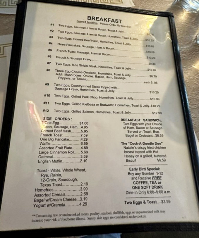 The menu reads like a love letter to breakfast classics – numbered combinations that promise to satisfy any morning craving without fancy frills.