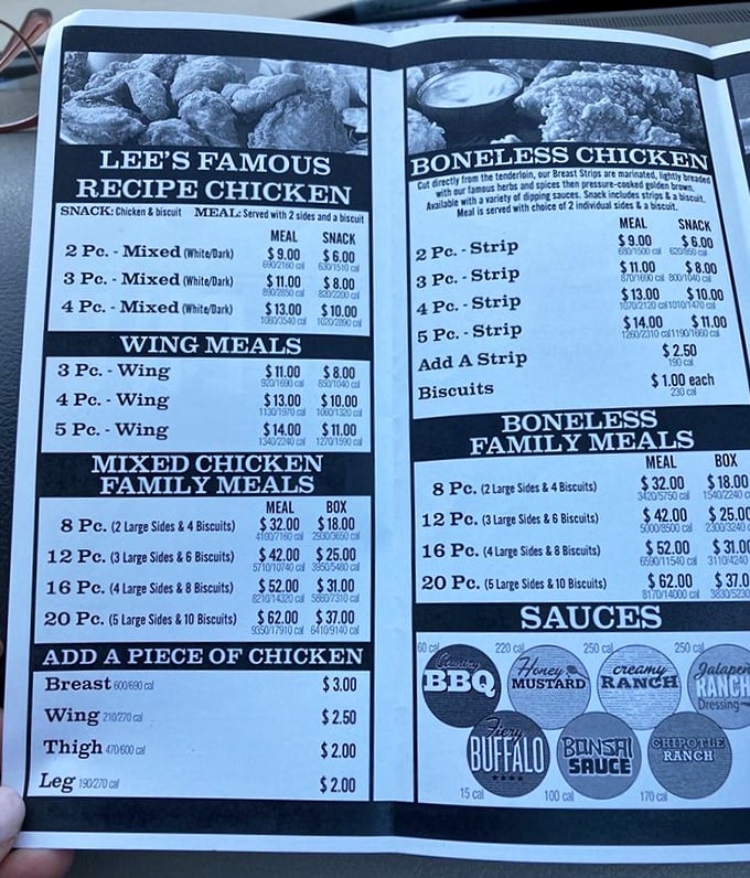 The menu board presents life's most important decisions with admirable clarity. Choosing between wings and strips might be today's biggest challenge.