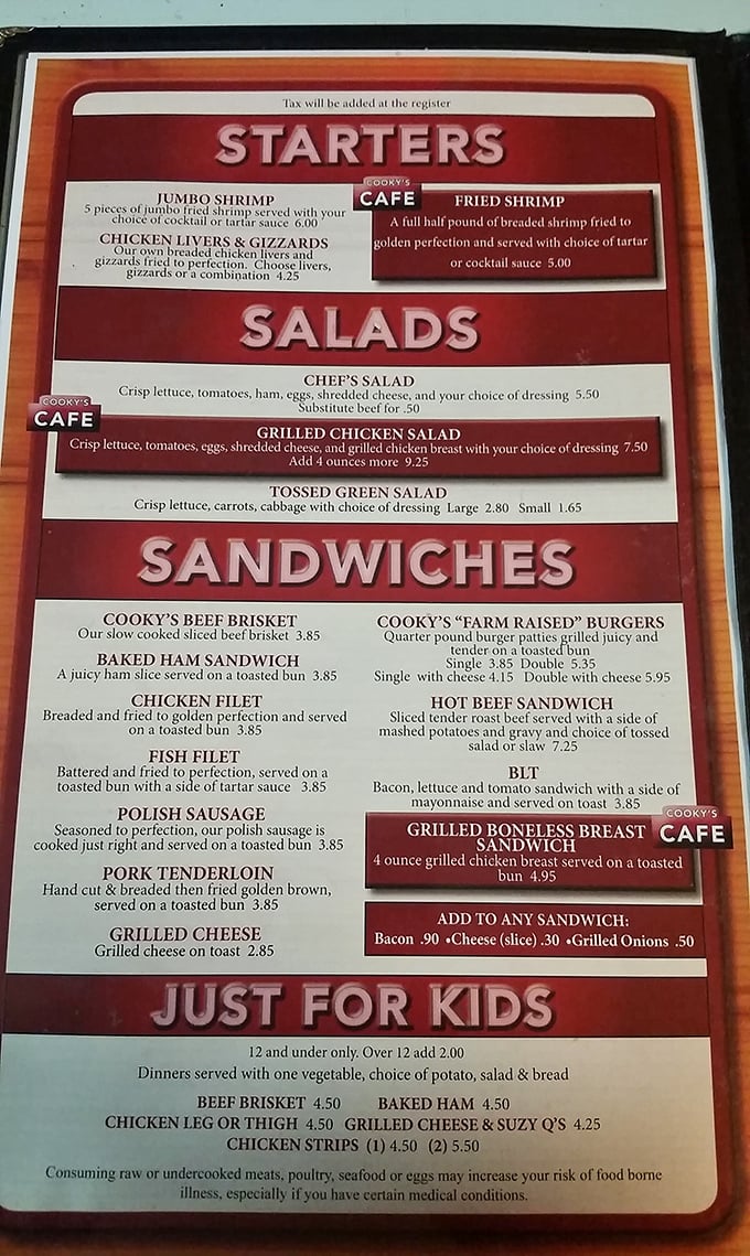This menu isn't trying to impress food critics—it's aiming straight for your childhood memories with classics like beef brisket and chicken livers that grandmother would approve.