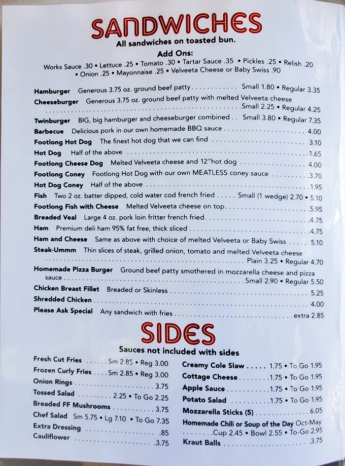 This menu isn't just a list of food—it's a historical document showcasing prices that make you wonder if you've accidentally traveled back to 1985.