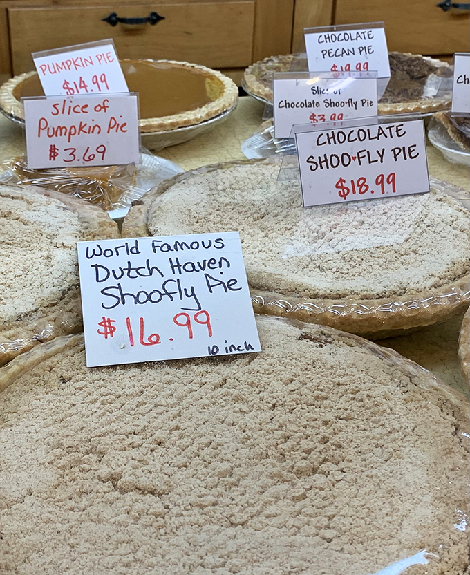 The menu board showcases the stars of the show: classic shoo-fly pie alongside chocolate and pumpkin variations. Decisions, decisions!