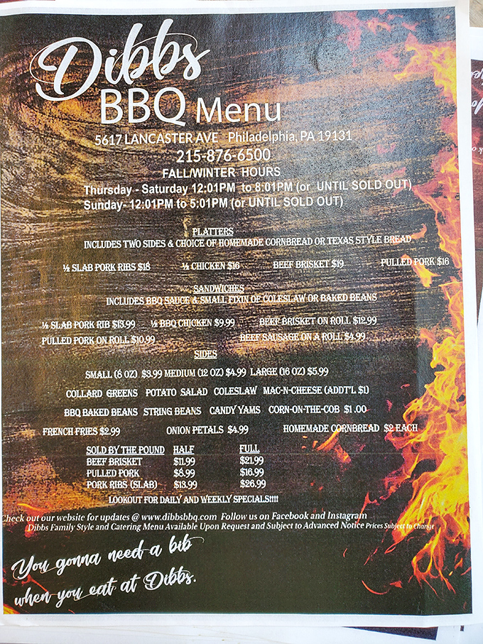 The menu doesn't mince words—it promises barbecue excellence with sides that aren't afterthoughts. Note that "until sold out" warning—they mean it.