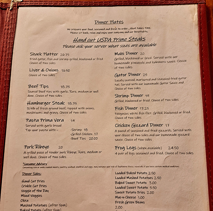 A menu that reads like a love letter to Florida cuisine—from gator tail to frog legs, this isn't your chain restaurant fare.
