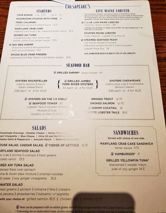 A menu that reads like poetry to seafood lovers—Maryland crab cakes, Maine lobster, and oysters prepared multiple magnificent ways.