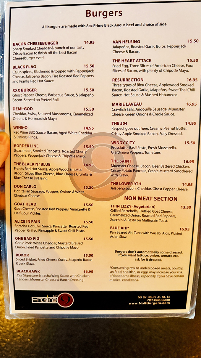 This isn't just a menu—it's a bucket list for burger enthusiasts where names like "Heart Attack" and "Resurrection" tell tasty tales.