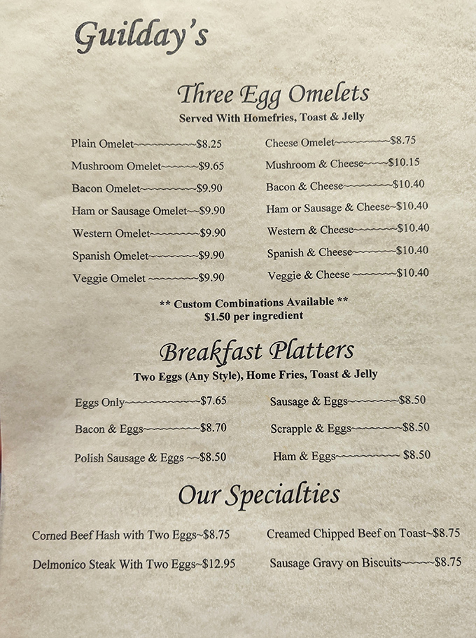 A menu that doesn't need fancy fonts or culinary buzzwords – just the promise of three-egg omelets and breakfast platters that deliver.