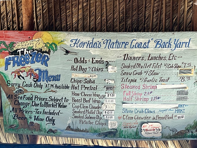 The hand-painted menu board tells you everything you need to know—this place prioritizes fresh seafood over fancy fonts. 