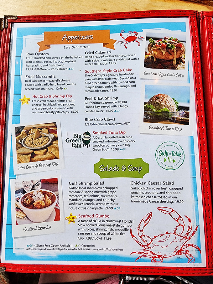 The menu reads like a love letter to seafood enthusiasts—notice that star beside the Hot Crab & Shrimp Dip? That's not just decoration, folks.