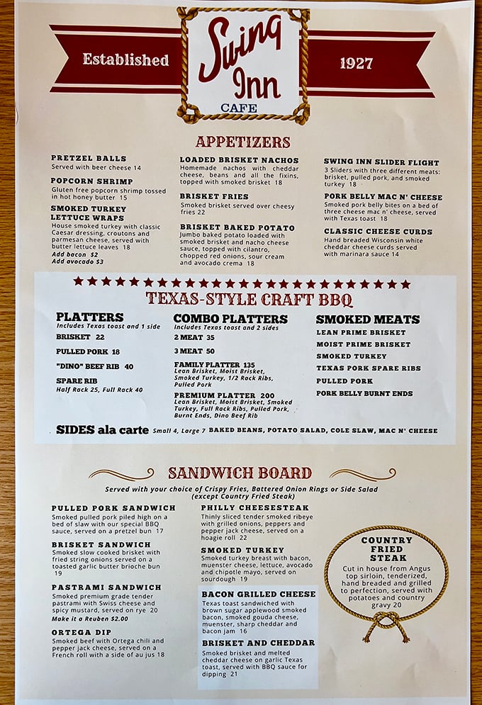 This isn't just a menu – it's a roadmap to barbecue nirvana. The Texas-style craft BBQ section alone could make a vegetarian question their life choices.