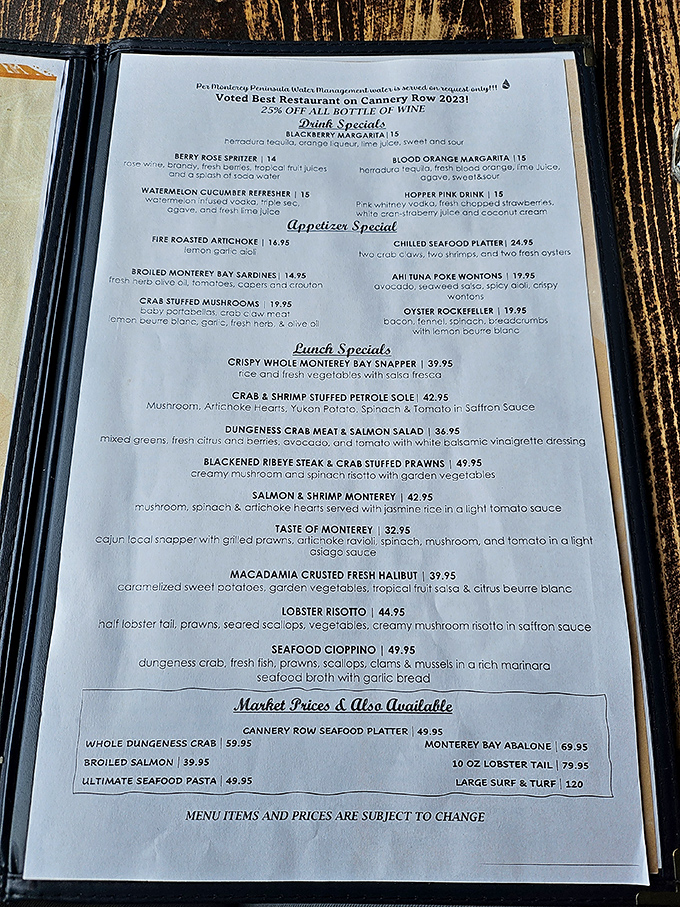 This menu isn't just a list of dishes—it's a love letter to the bounty of Monterey Bay, with seafood taking center stage.