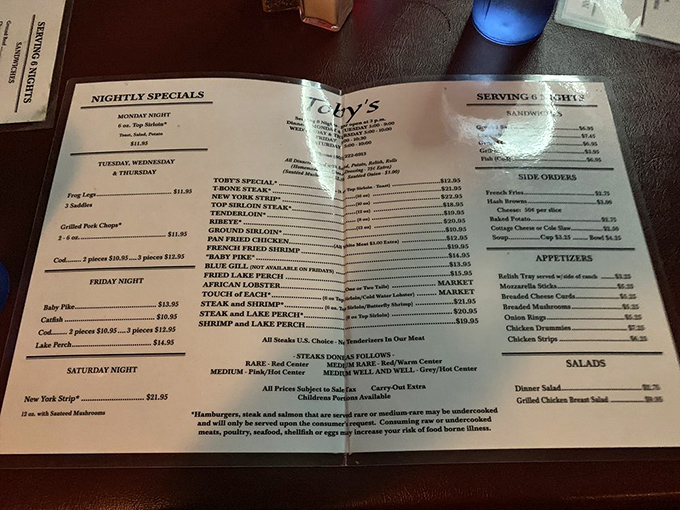 The menu at Toby's reads like a greatest hits album of Midwest classics—no fusion confusion, just straightforward supper club perfection.