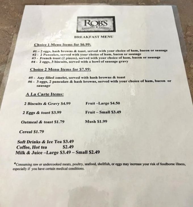 The breakfast menu reveals Rob's commitment to morning classics—proof that sometimes the simplest pleasures make the most memorable meals.