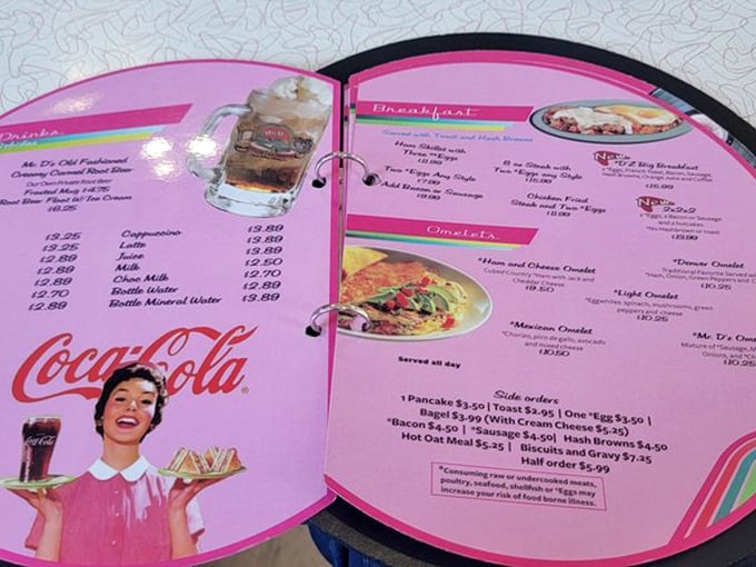 This isn't just a menu—it's a passport to comfort food paradise. The pink pages practically sing with promises of American classics.