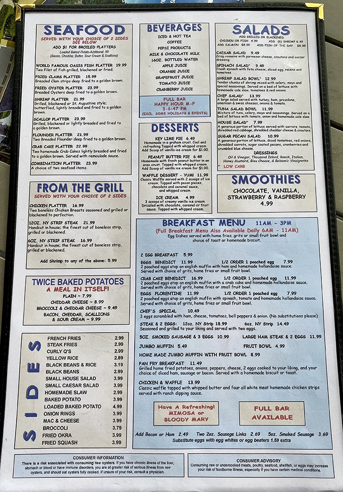 A menu that reads like a love letter to the sea. The "World Famous" fish platter isn't just bragging – it's a challenge worth accepting.