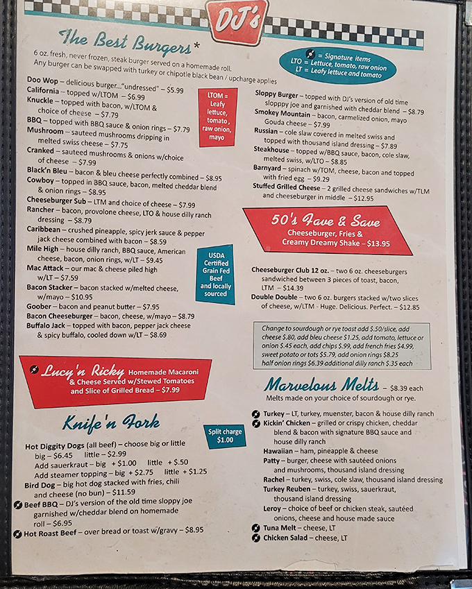 This isn't just a menu—it's a roadmap to happiness. The "Doo Wop" burger sits undressed, while the "Bird Dog" dares you to bring napkins.