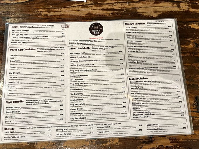 This menu isn't just a list of options—it's a roadmap to happiness with detours through egg country and pancake paradise.