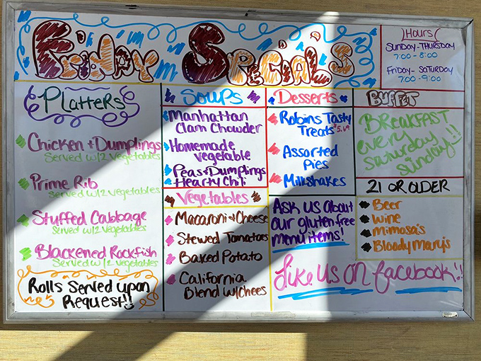 This colorful menu board isn't just information—it's a roadmap to happiness. The breakfast buffet beckons like a siren song.