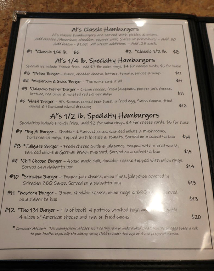 The menu reads like a love letter to simplicity—no pretentious descriptions, just honest burgers with straightforward toppings that deliver big flavor.