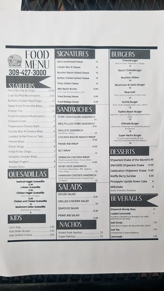 The menu reads like a love letter to comfort food—from that legendary Giant Smothered Pretzel to loaded nachos and decadent Shipwreck Shakes.