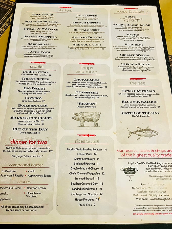 A menu that reads like a love letter to carnivores. Each item promises a different path to culinary bliss.