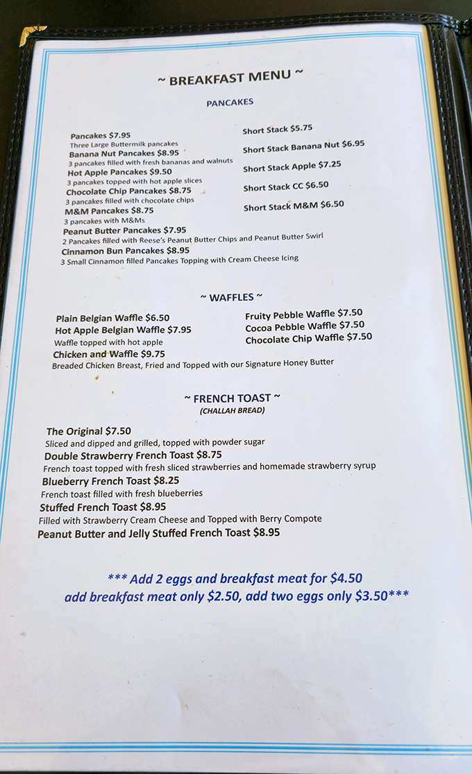 This menu isn't trying to reinvent breakfast—it's perfecting it. The challah French toast options alone deserve their own fan club.