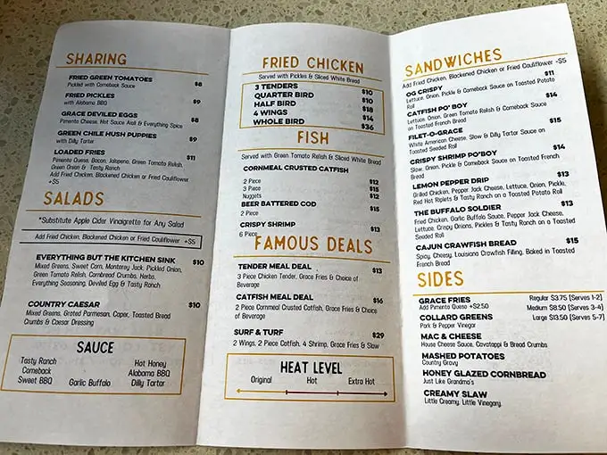 This menu reads like a love letter to Southern comfort food. The "Famous Deals" section isn't just marketing—it's a roadmap to happiness.