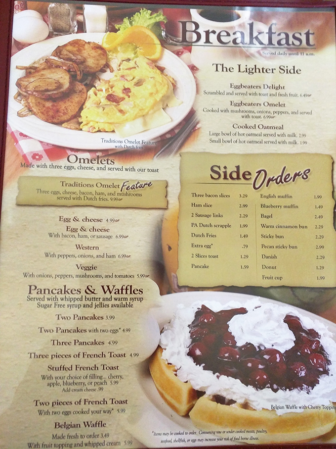This menu isn't just a list of options—it's a roadmap to breakfast nirvana with the Belgian waffle as your delicious final destination.