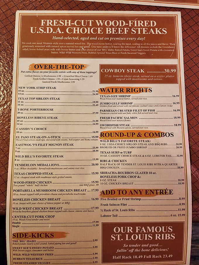 This menu isn't just a list of options—it's a declaration of carnivorous intent. Wood-fired promises that won't be broken.
