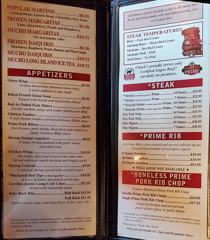 A menu that doesn't need fancy fonts or pretentious descriptions—just the promise of perfectly cooked beef and classic steakhouse favorites.