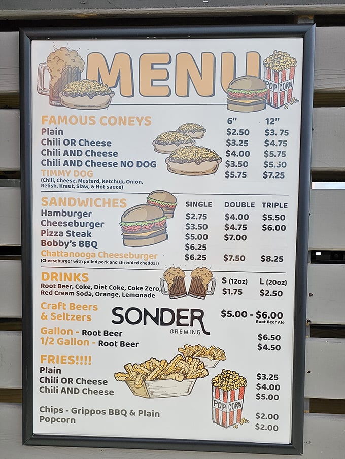 This menu doesn't need fancy fonts or pretentious descriptions—just the promise of legendary coneys, sandwiches, and that namesake root beer. Simplicity at its finest.