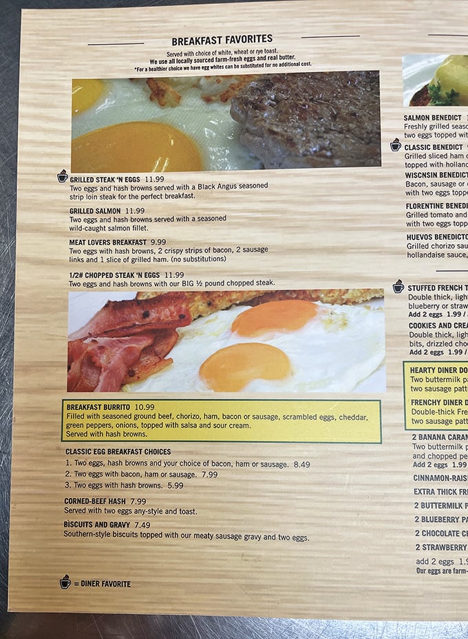 The menu proudly announces "locally sourced farm-fresh eggs and real butter" – because some breakfast commitments should never be compromised.
