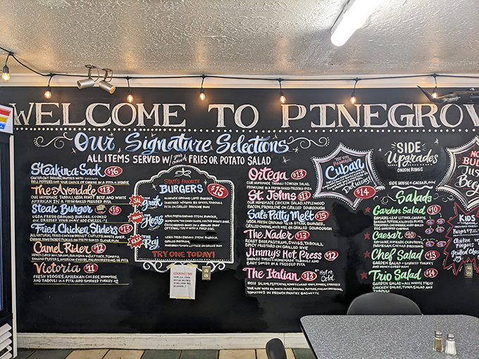 This menu board is like a roadmap to happiness. Each chalked item represents a potential life-changing experience disguised as lunch.